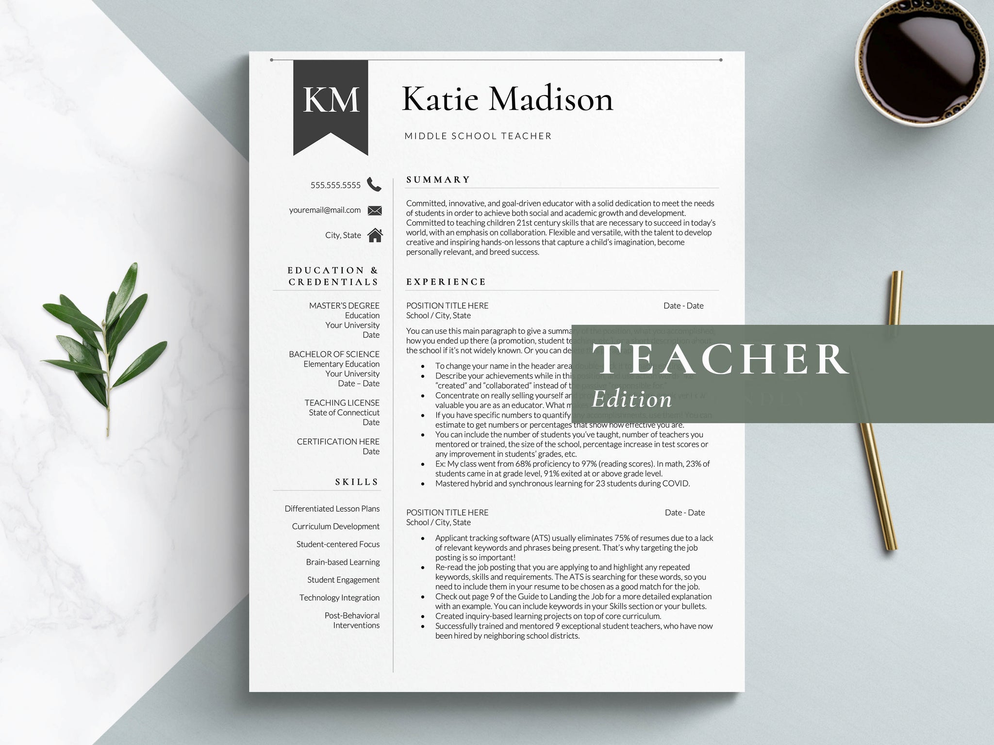 Elementary Teacher Resume Template for Google Docs