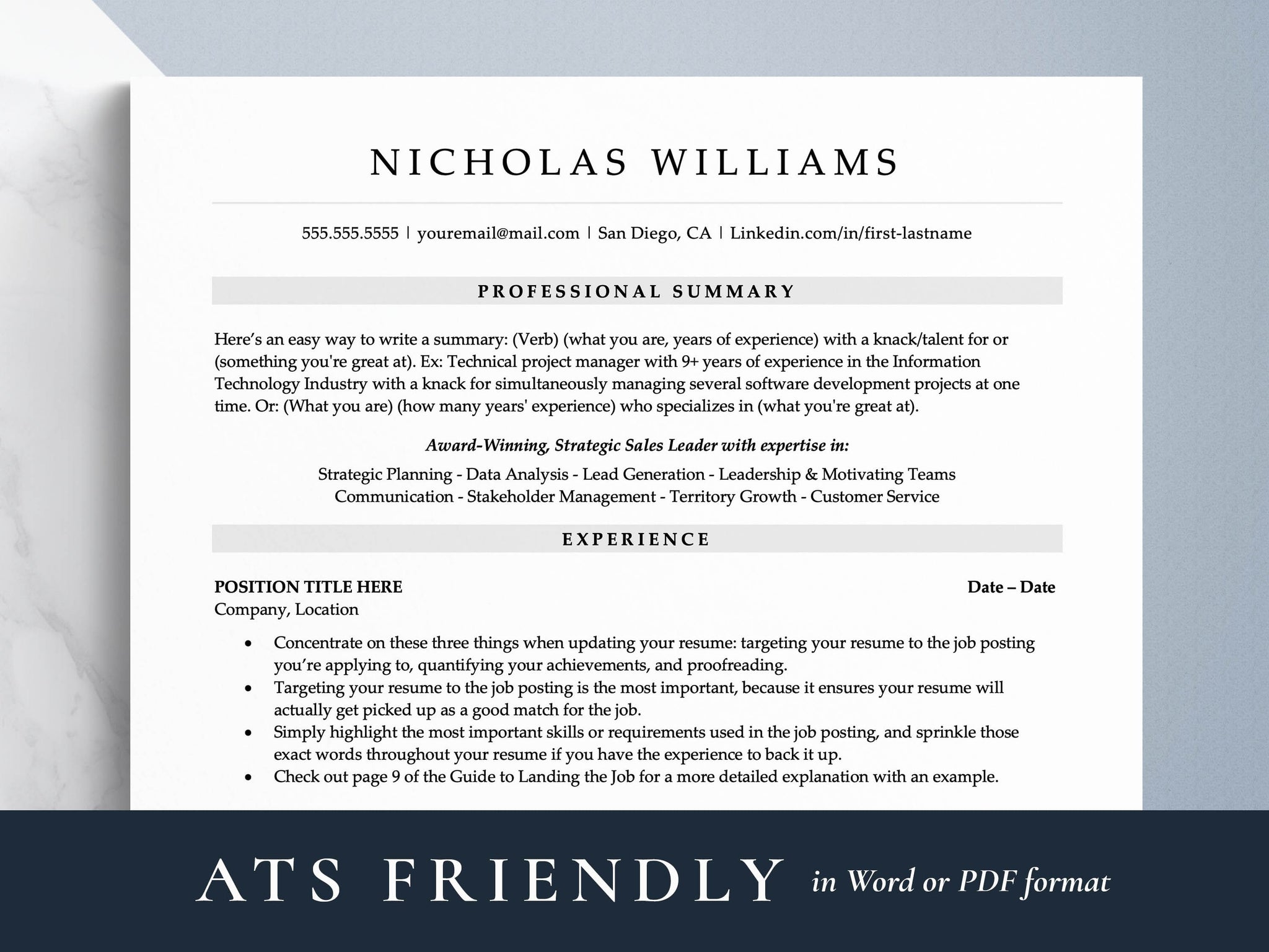 One Column Resume Template for Word and Google Docs