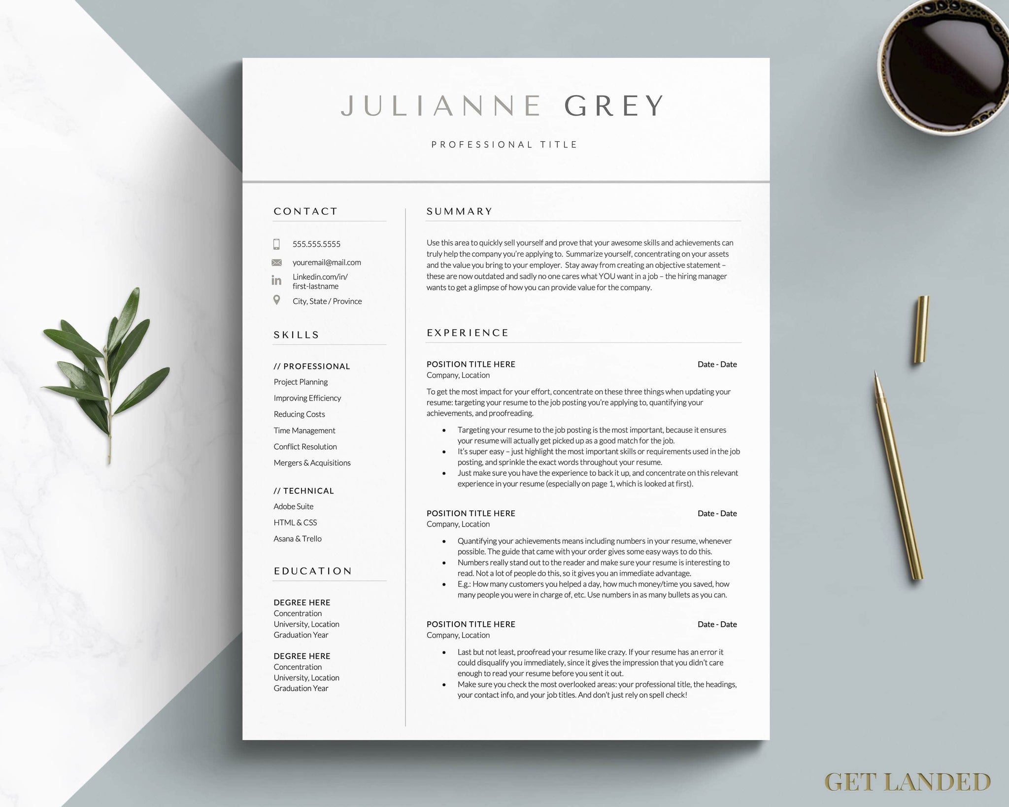 Two Column Resume Template for Google Docs, Word & Mac Pages
